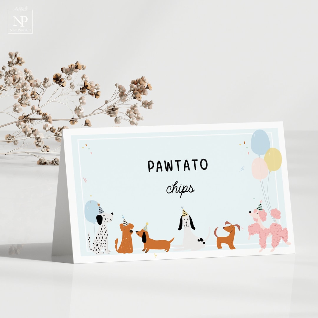 Puppy Pawty Food Label Template, Dog Birthday Food Tent, Puppy Pet ...