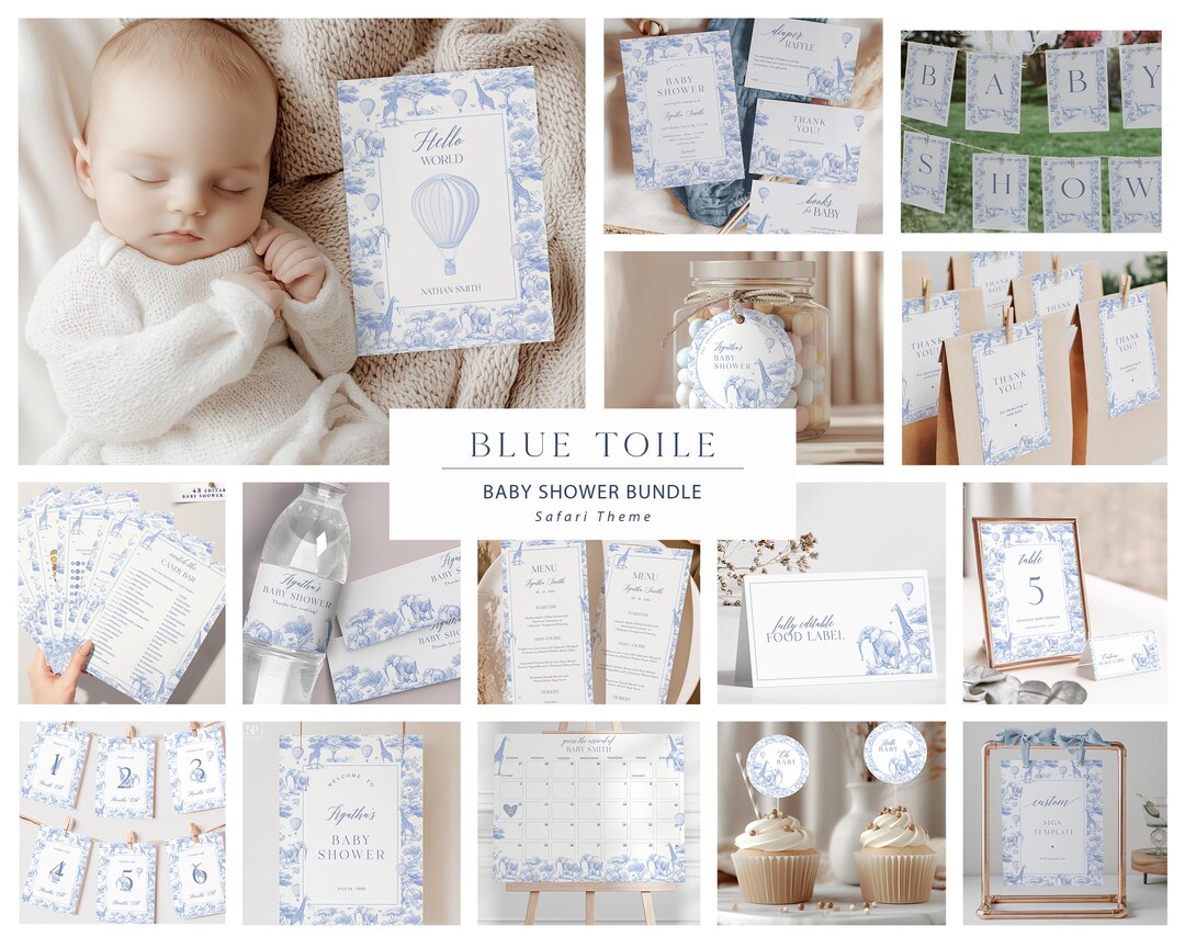 Blue Toile Baby Shower Invitation Bundle, Chinoiserie Baby Shower Party ...