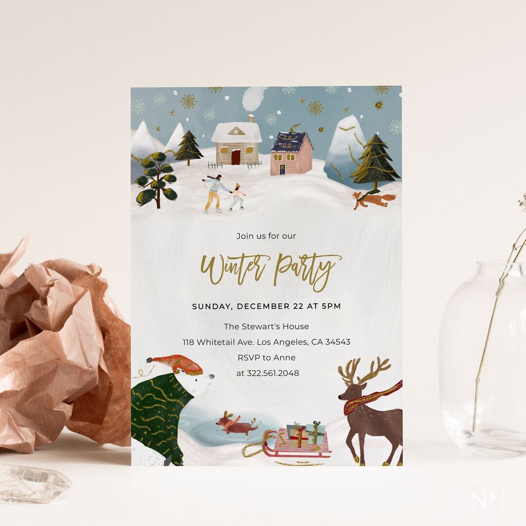 Winter Party Invitation Template, Christmas Party Invite, Kids ...