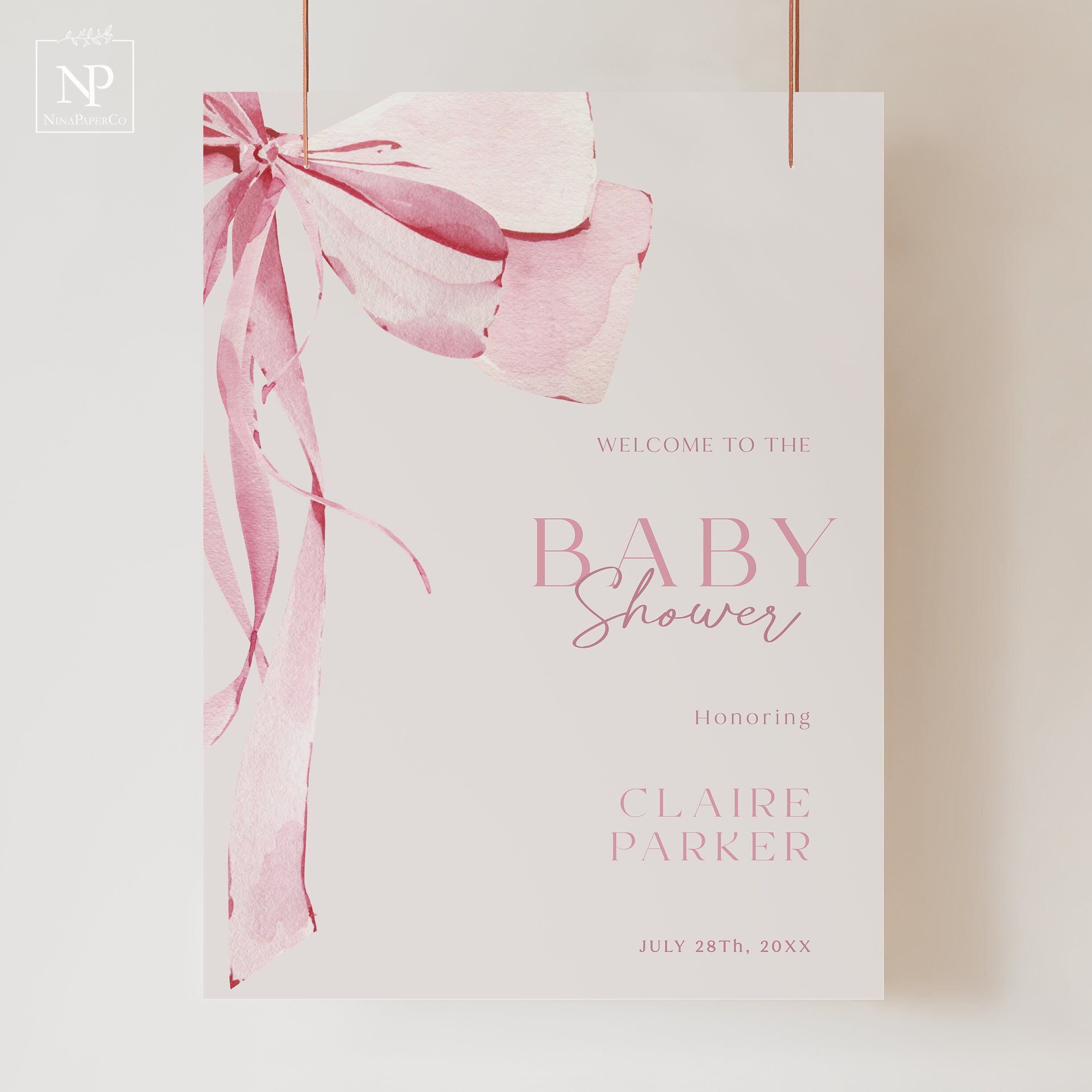 Pink Bow Baby Shower Welcome Sign Template, Minimalist Baby Girl Shower ...