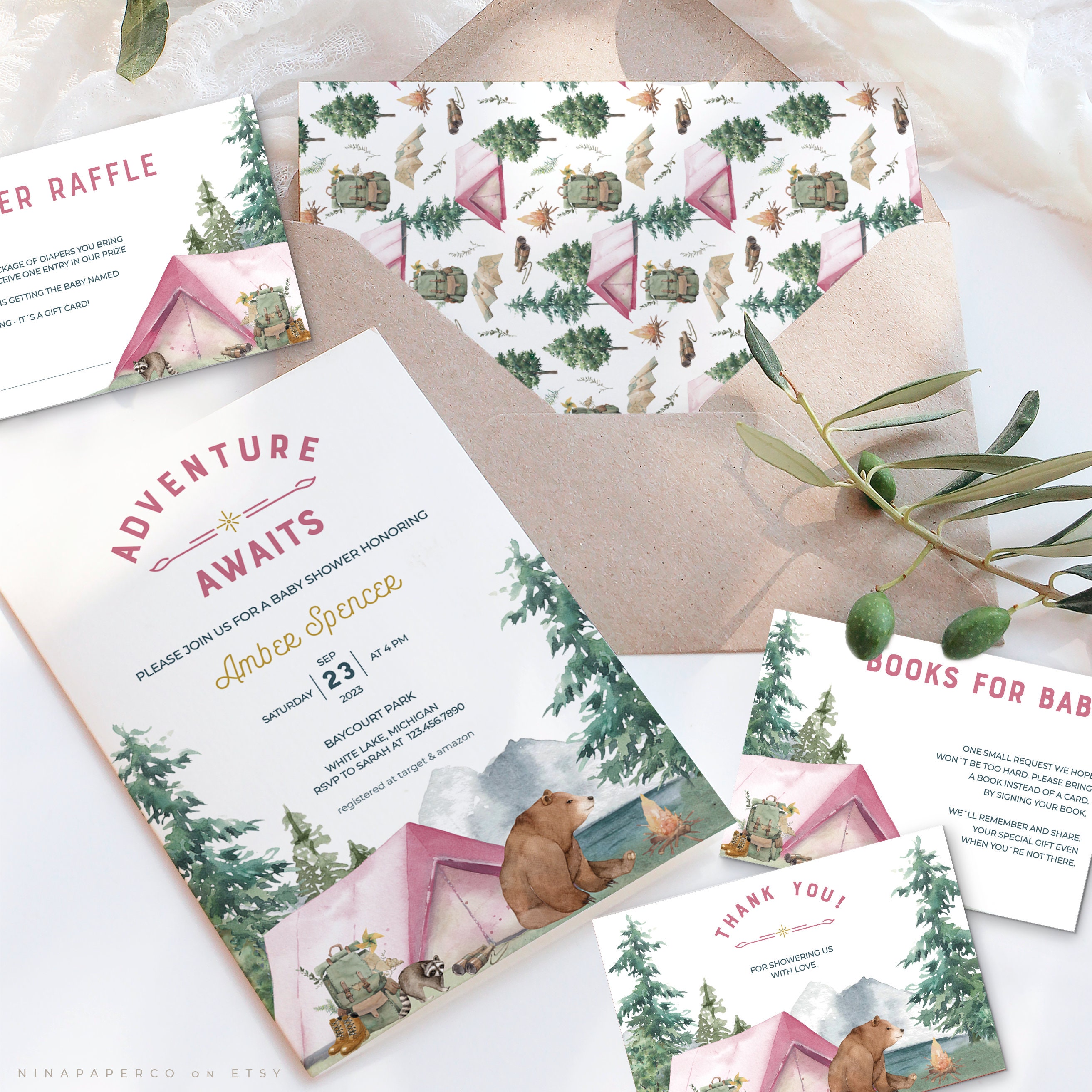 Adventure Awaits Baby Shower Invitation Set, Pine Tree Baby Shower ...