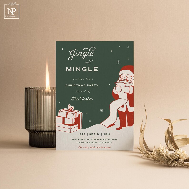 Retro Santa Christmas Party Invitation, Jingle & Mingle Holiday Party ...