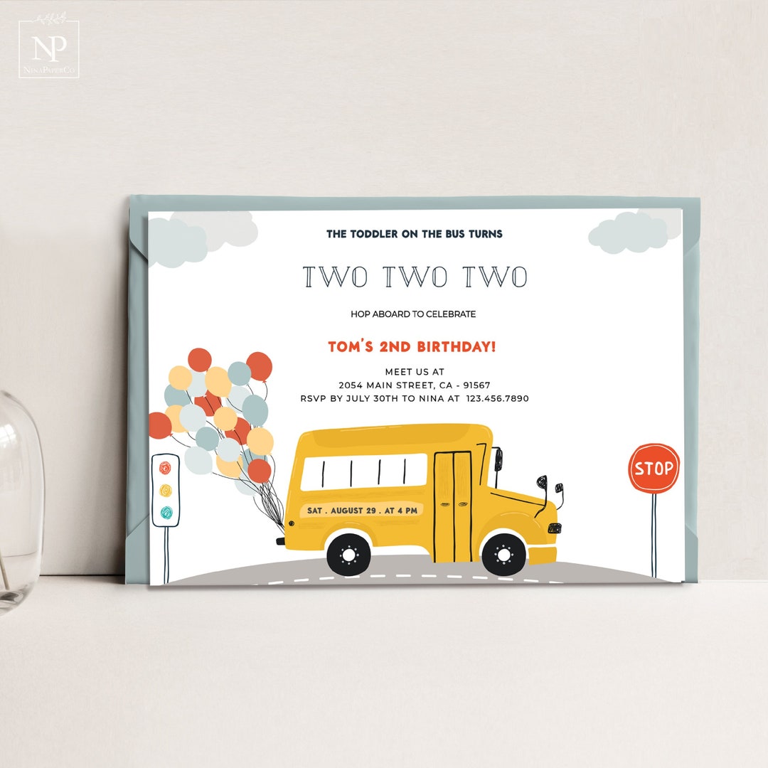 School Bus Birthday Invitation Template, Wheels on the Bus Invite ...