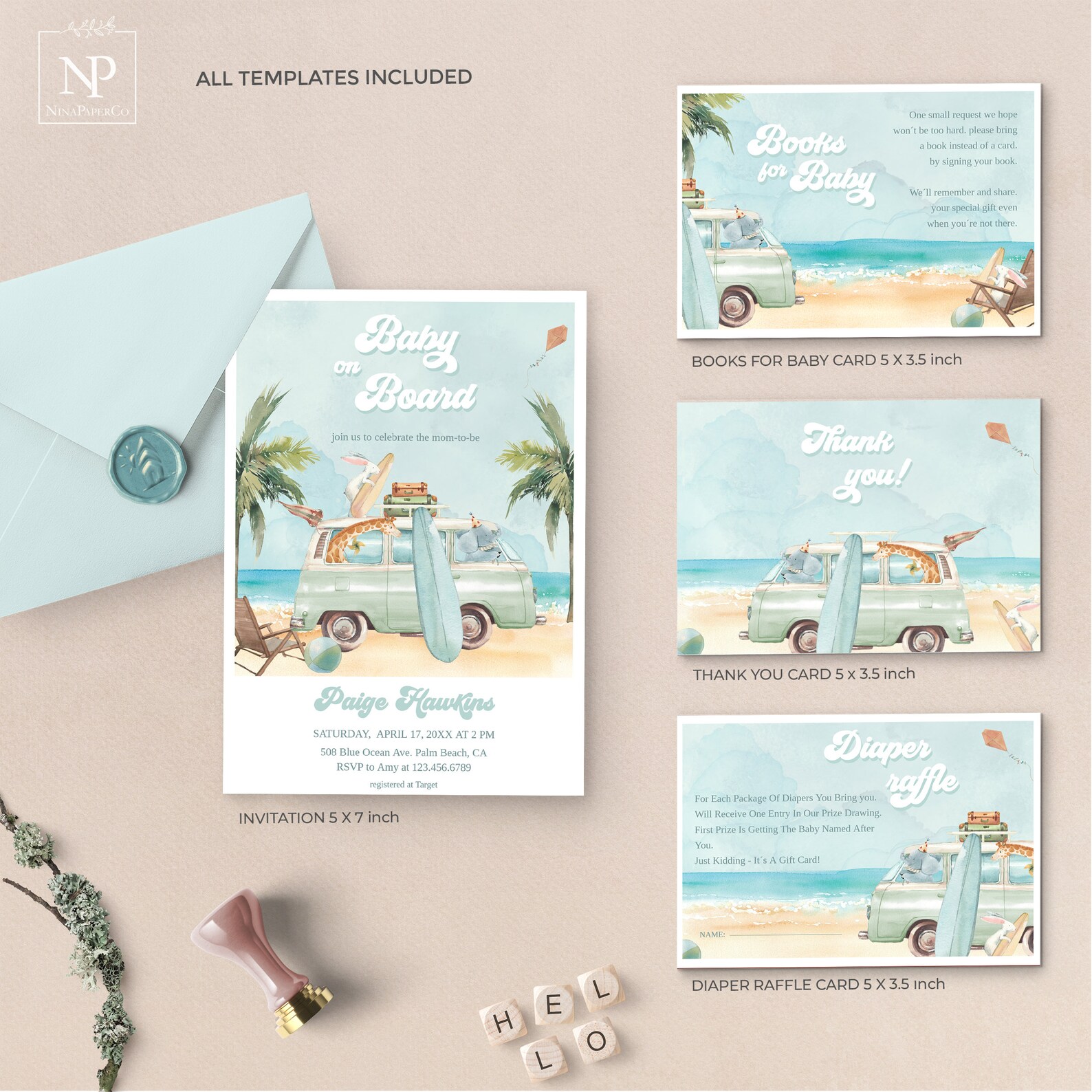 Surf Beach Baby Shower Invitation Set, Baby on Board Invite, Boy Baby ...