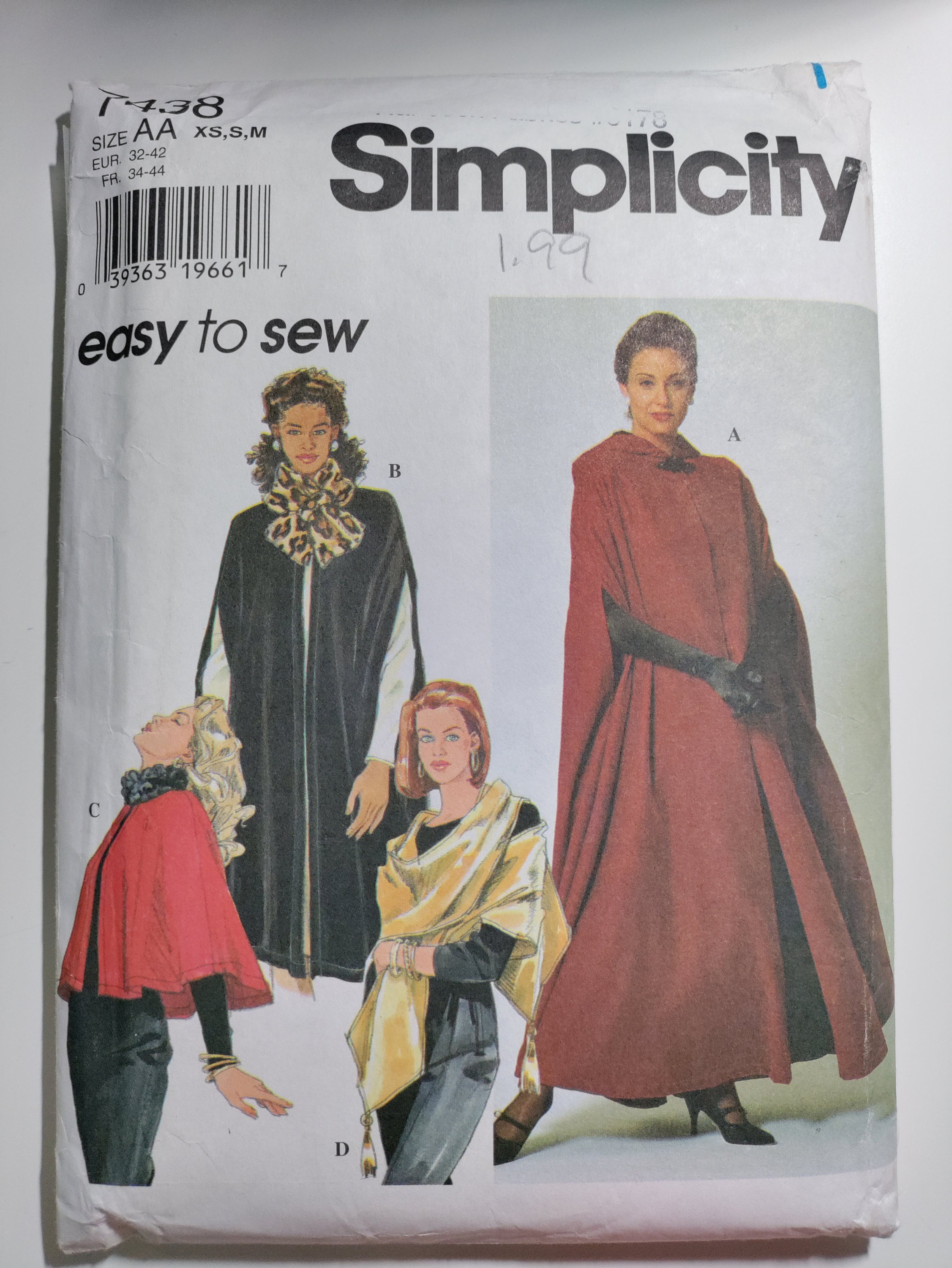 Simplicity 7438 Capes and Wraps, Sizes Xs,s,m, Uncut and Factory Folded ...
