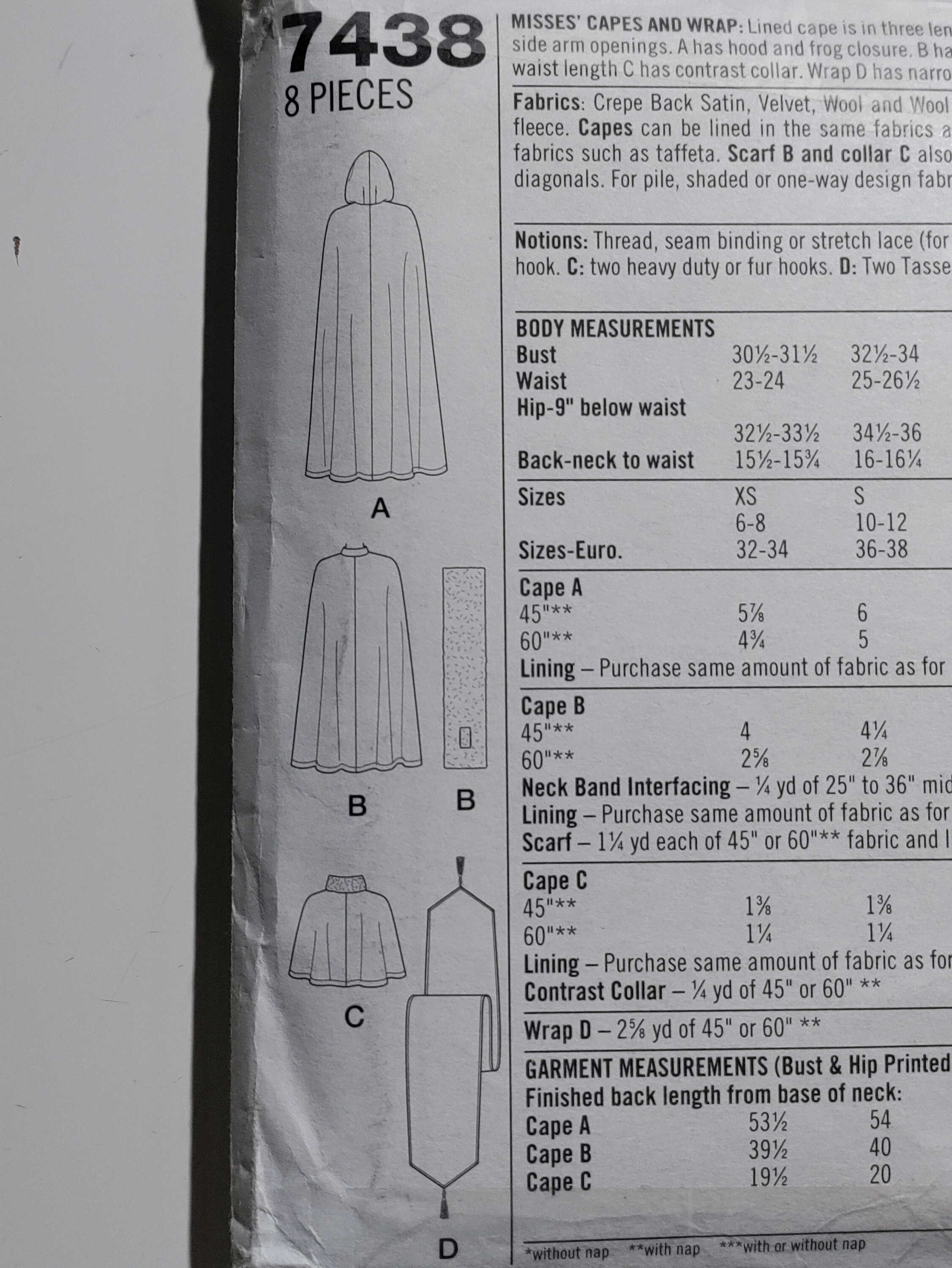 Simplicity 7438 Capes and Wraps, Sizes Xs,s,m, Uncut and Factory Folded ...