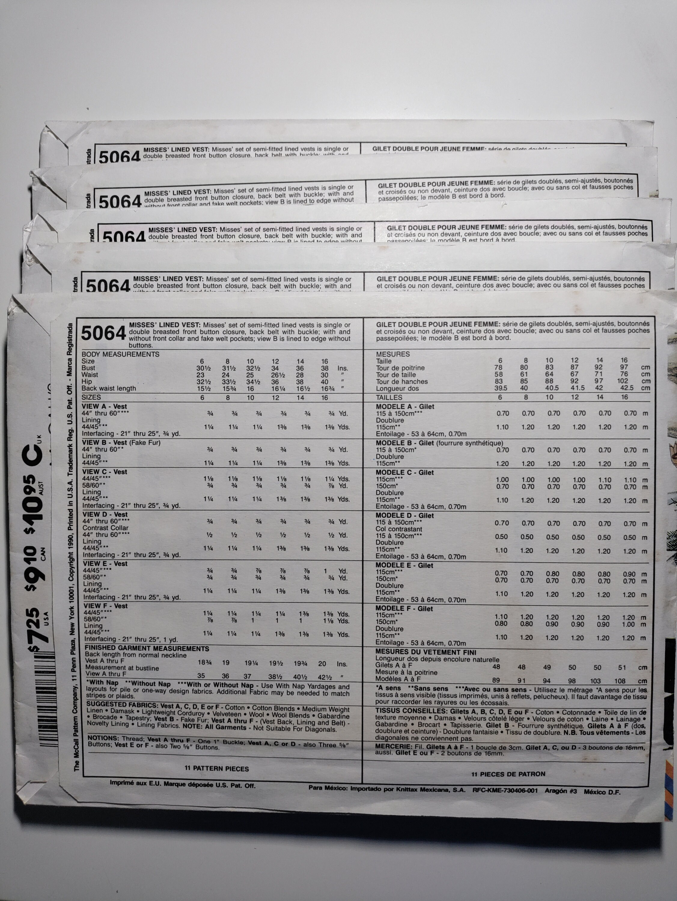 Mccall's 5064 Lined, Semi Fitted Vest, Single or Double Breasted, Pick Your Size, All Uncut and ...