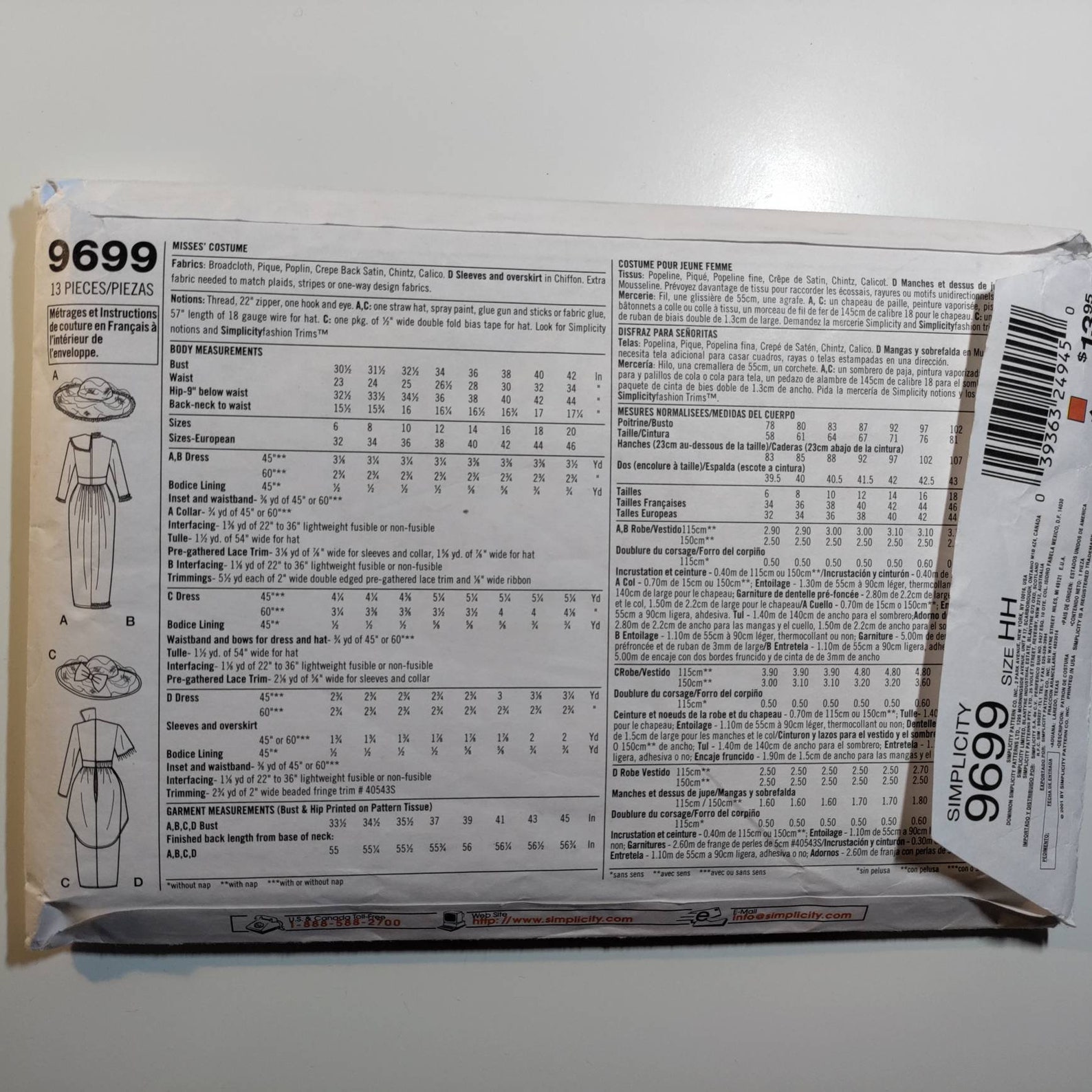 Simplicity 9699 Costumes on Stage Dress and Hat, Sizes 6,8,10,12 Uncut and Factory Folded ...