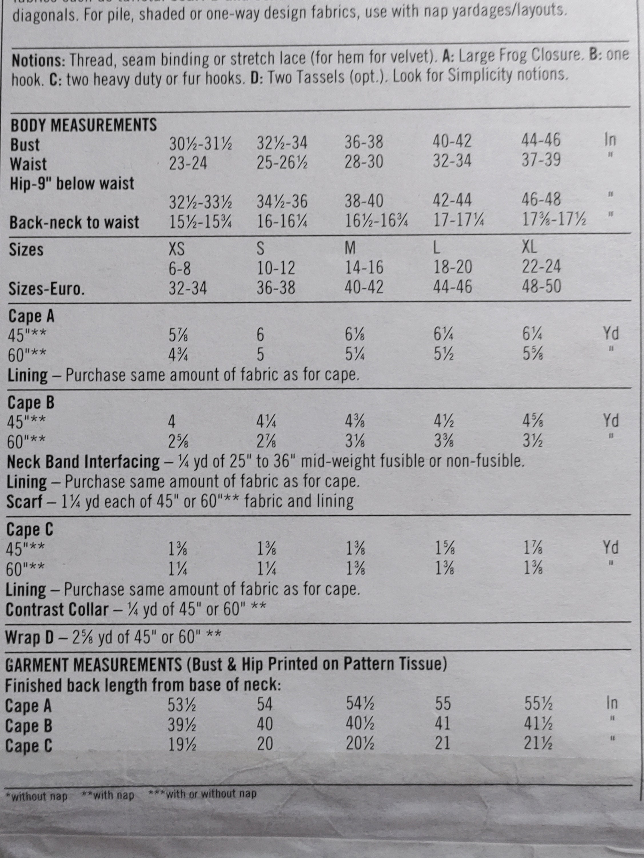 Simplicity 7438 Capes and Wraps, Sizes Xs,s,m, Uncut and Factory Folded ...