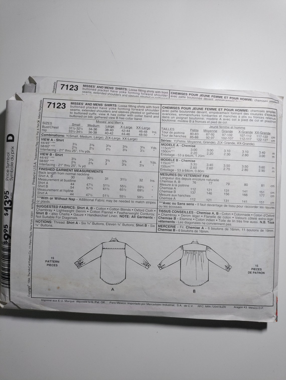 Mccall's 7123 Mcc Old West Brand Men's and Women's Shirt Variations, Pick Your Size, All Uncut ...