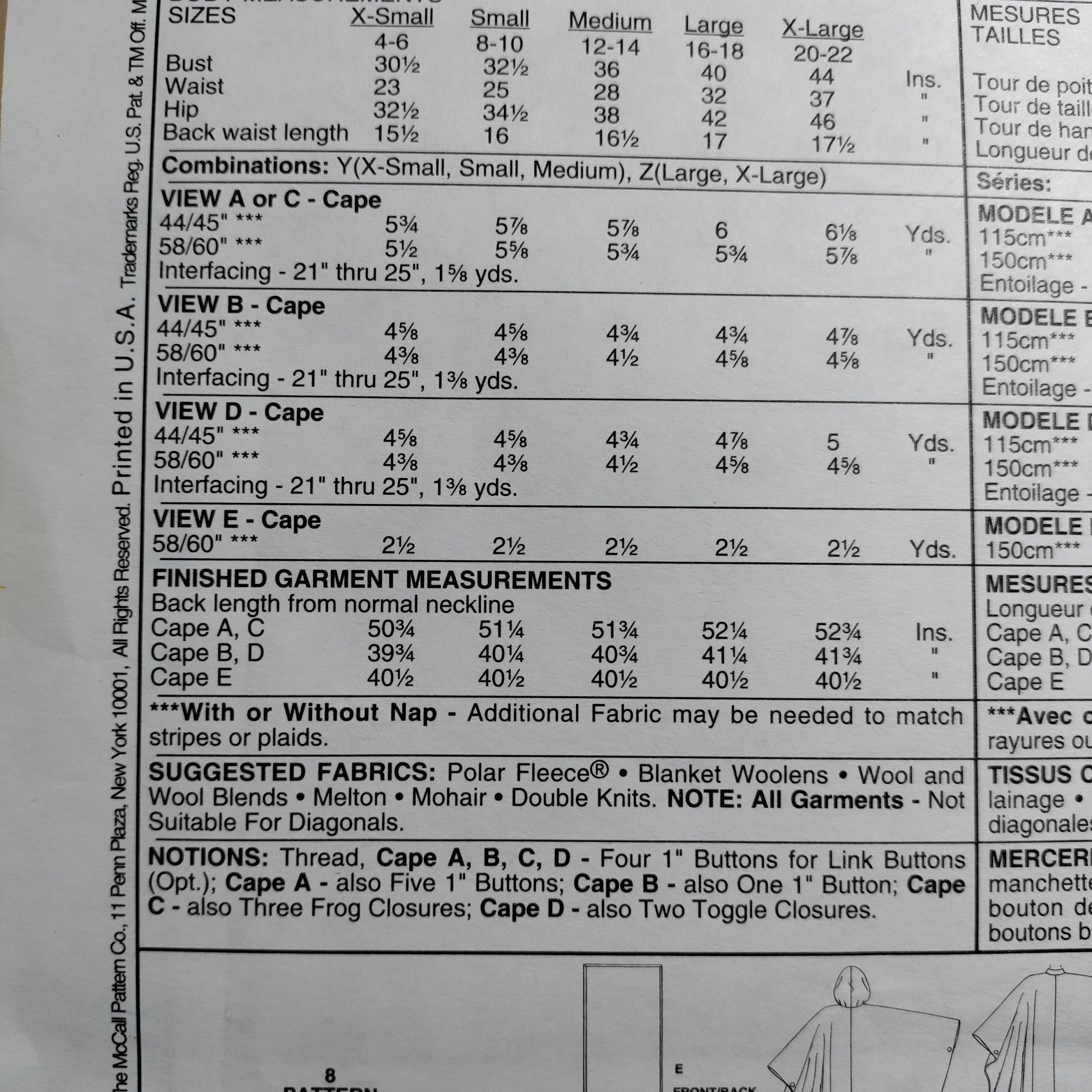 Mccall's 7895 Cape Pattern, Pick Your Size, All Uncut and Factory ...