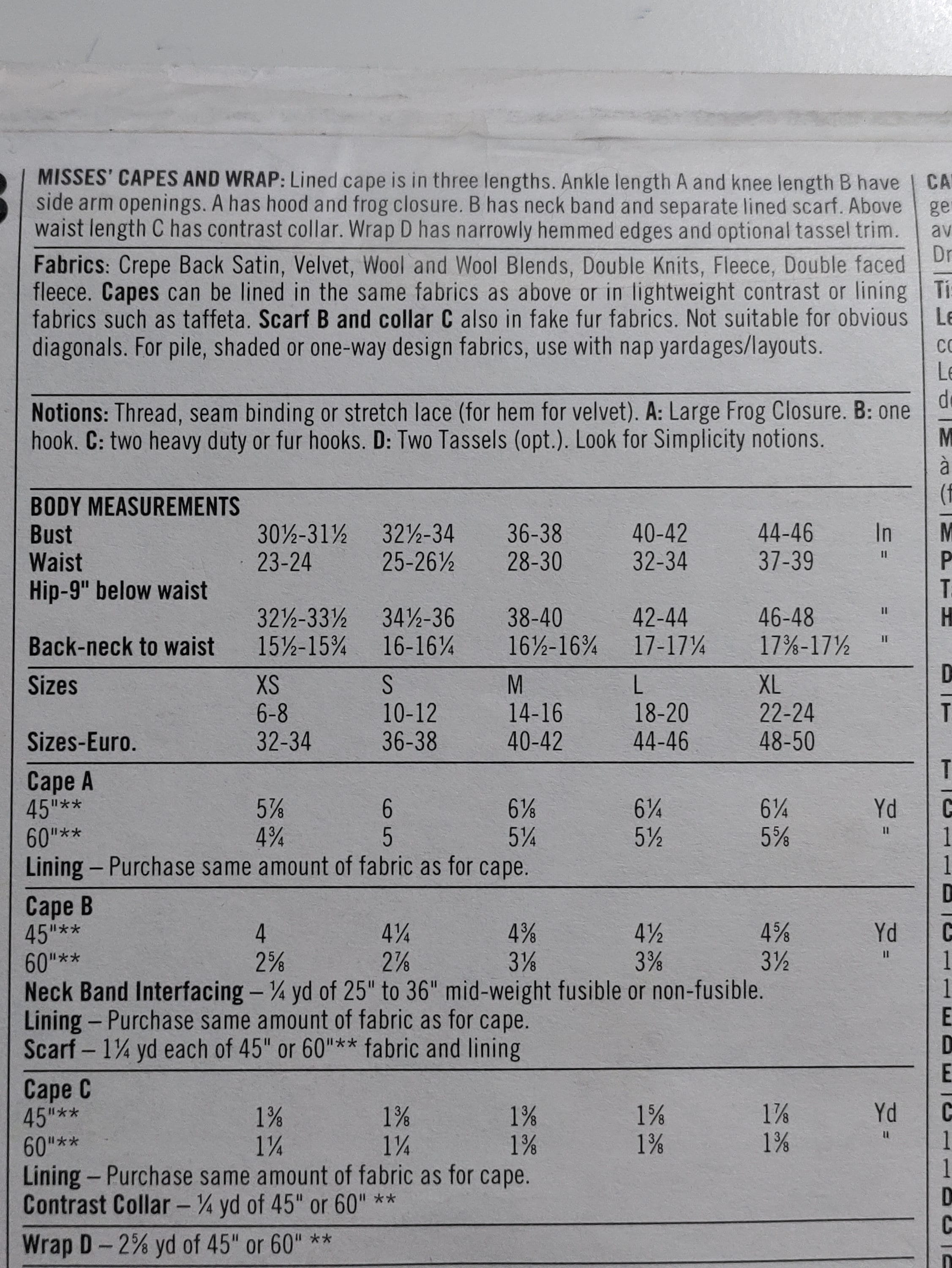 Simplicity 7438 Capes and Wraps, Sizes Xs,s,m, Uncut and Factory Folded ...