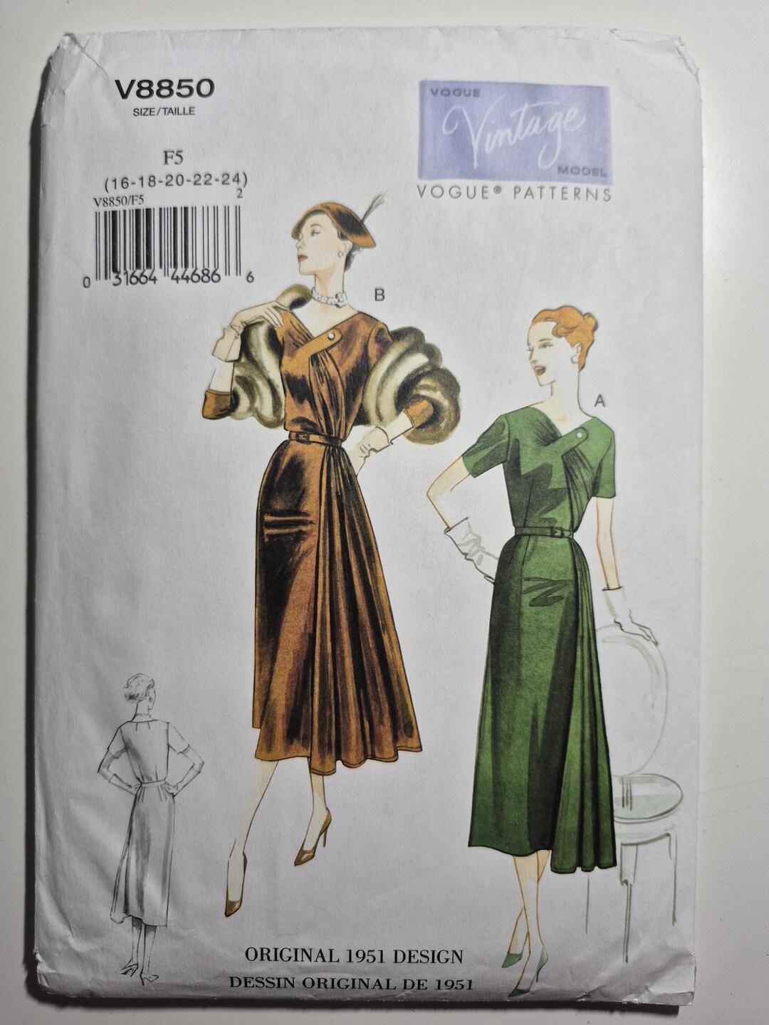 Vogue 8850 Original 1951 Design Dress and Belt, Sizes 16,18,20,22,24 ...