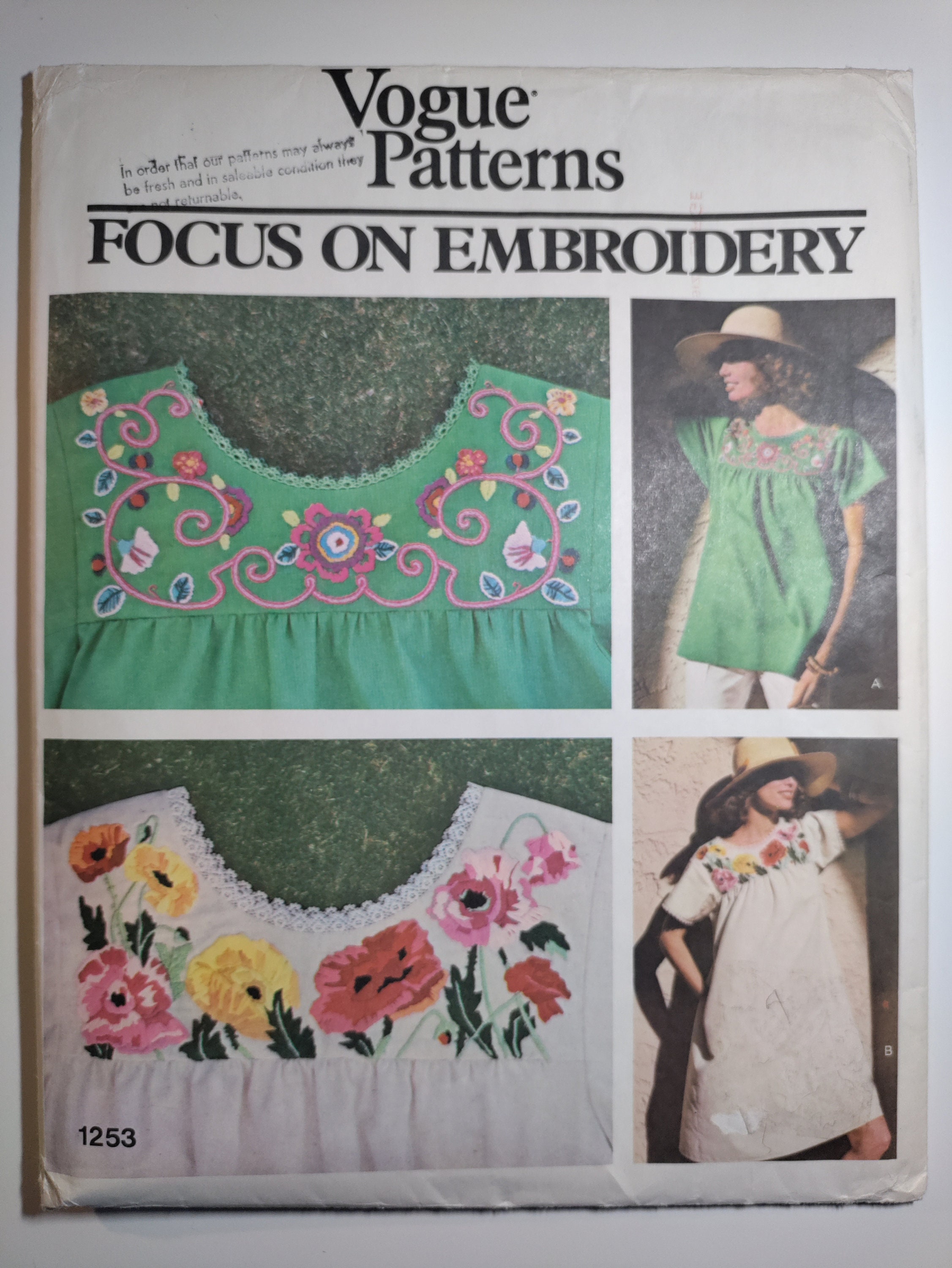 Vogue 1253 Dress or Top, Embroidery 8 Pieces Transfers and Scarf, Size ...