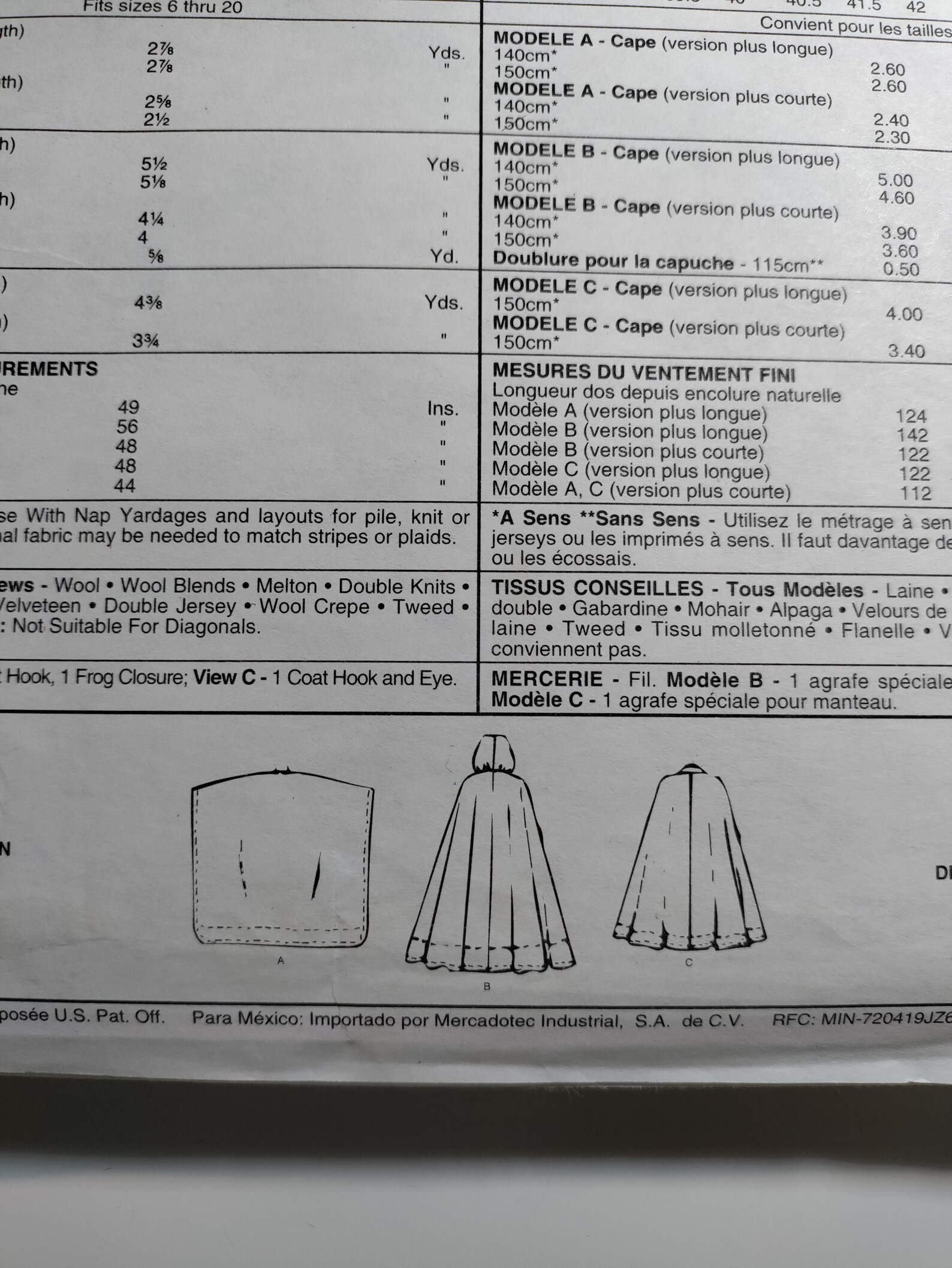 Mccall's 6774 Unlined Cape Variations, One Envelope Has All Sizes ...