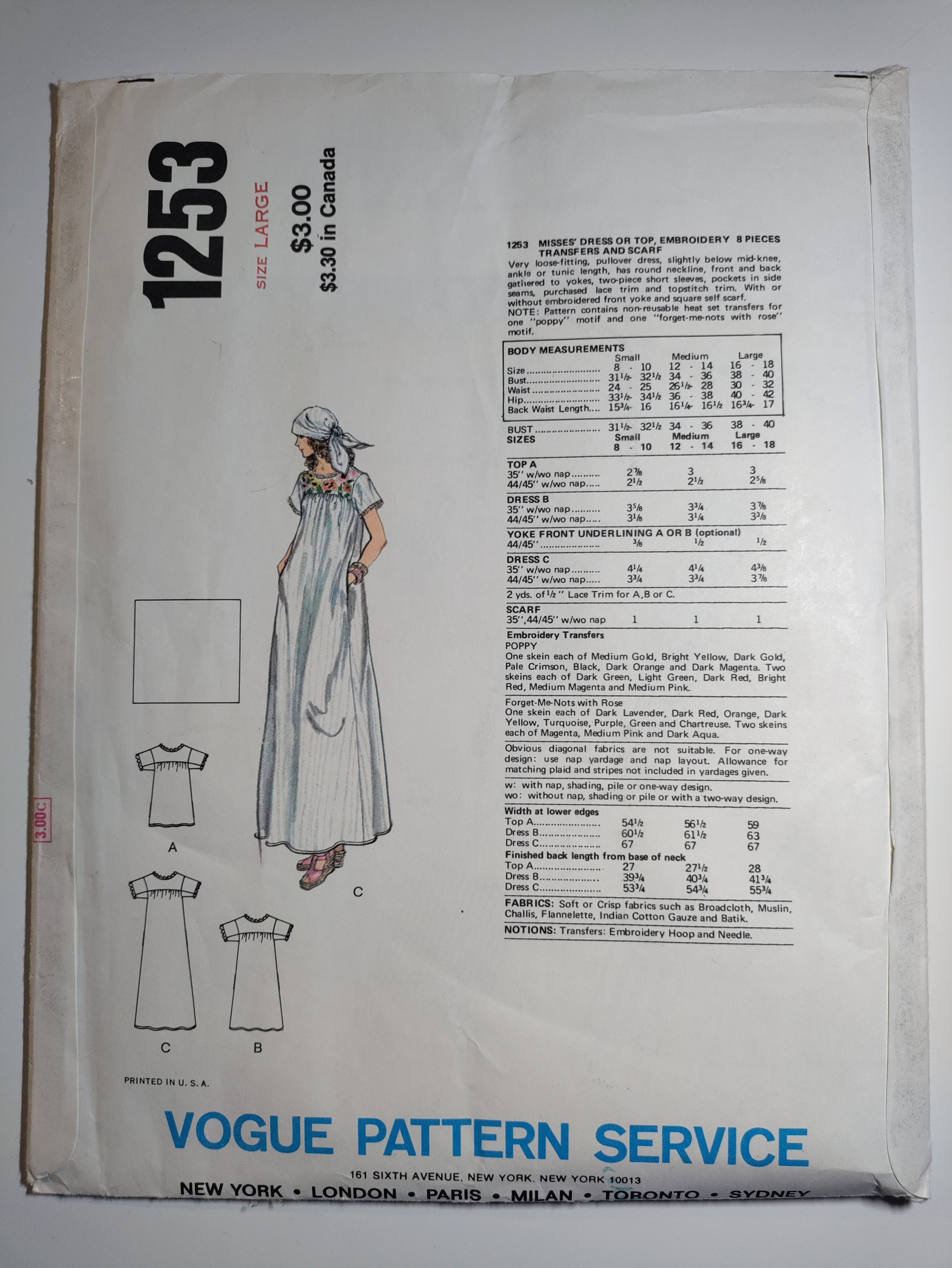 Vogue 1253 Dress or Top, Embroidery 8 Pieces Transfers and Scarf, Size ...