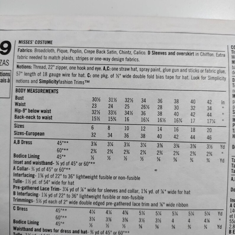 Simplicity 9699 Costumes on Stage Dress and Hat, Sizes 6,8,10,12 Uncut and Factory Folded ...