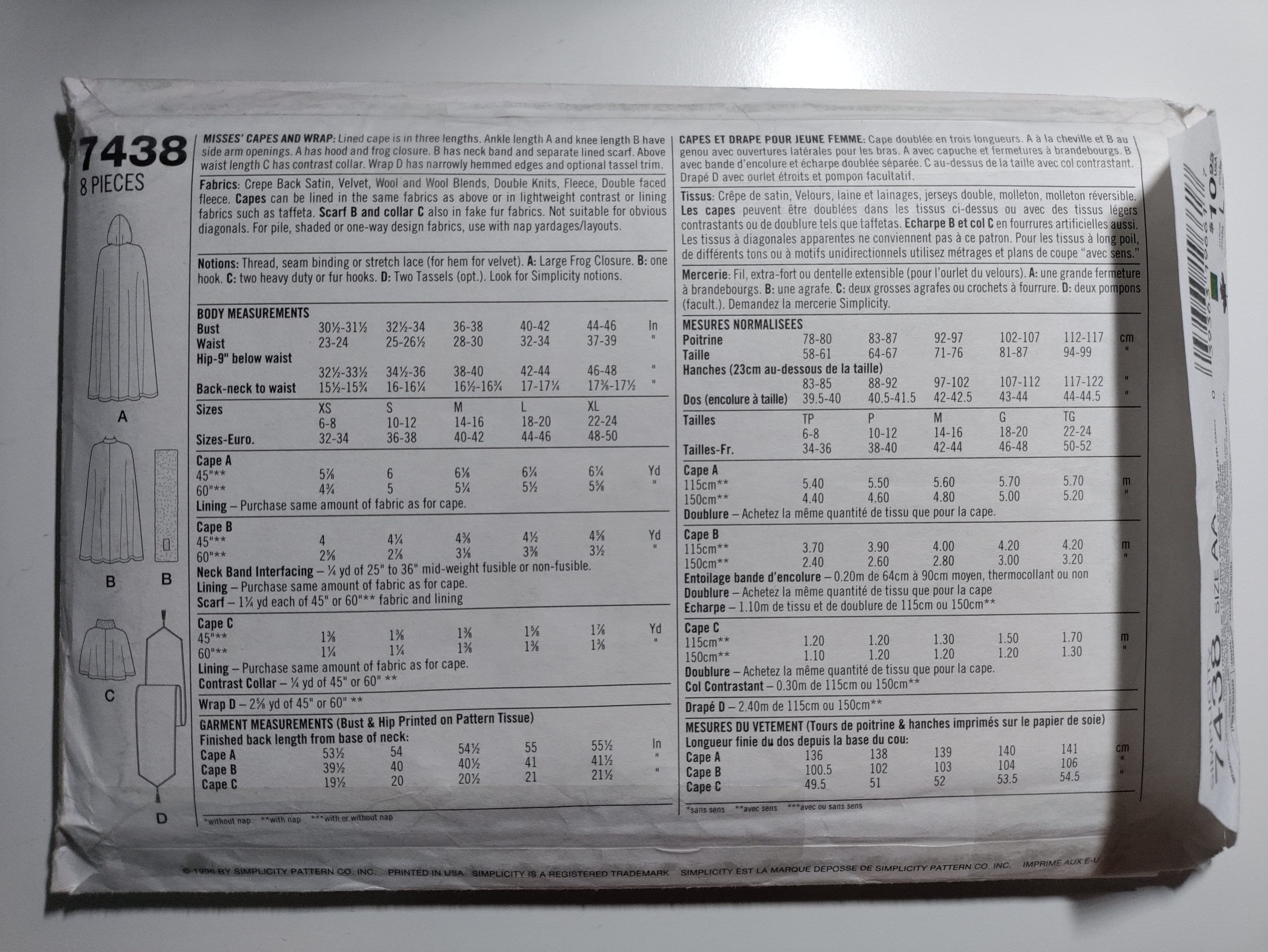 Simplicity 7438 Capes and Wraps, Sizes Xs,s,m, Uncut and Factory Folded ...