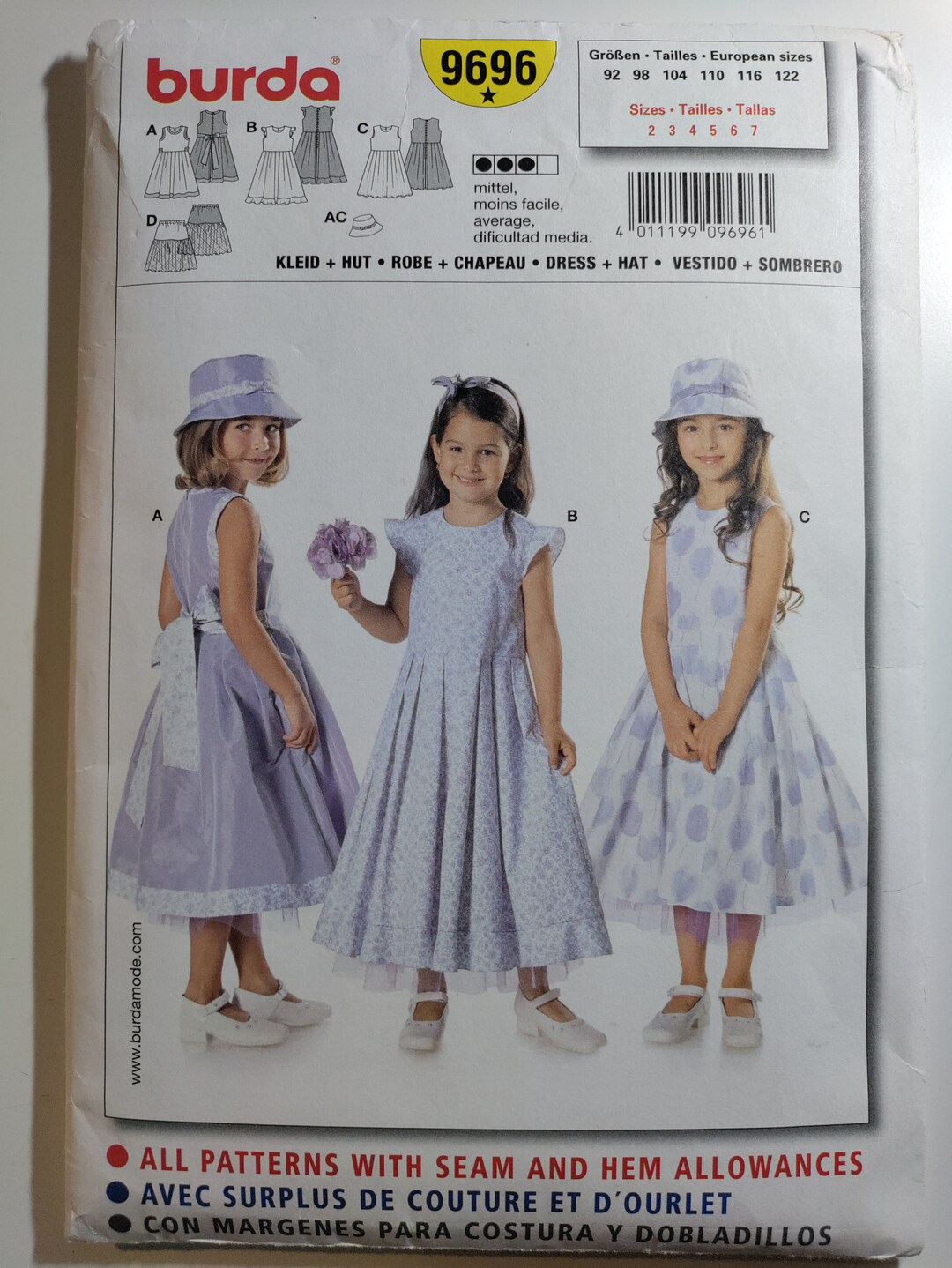 Burda 9696 Girls Dress and Hat, Sizes 2,3,4,5,6,7, Uncut and Factory ...