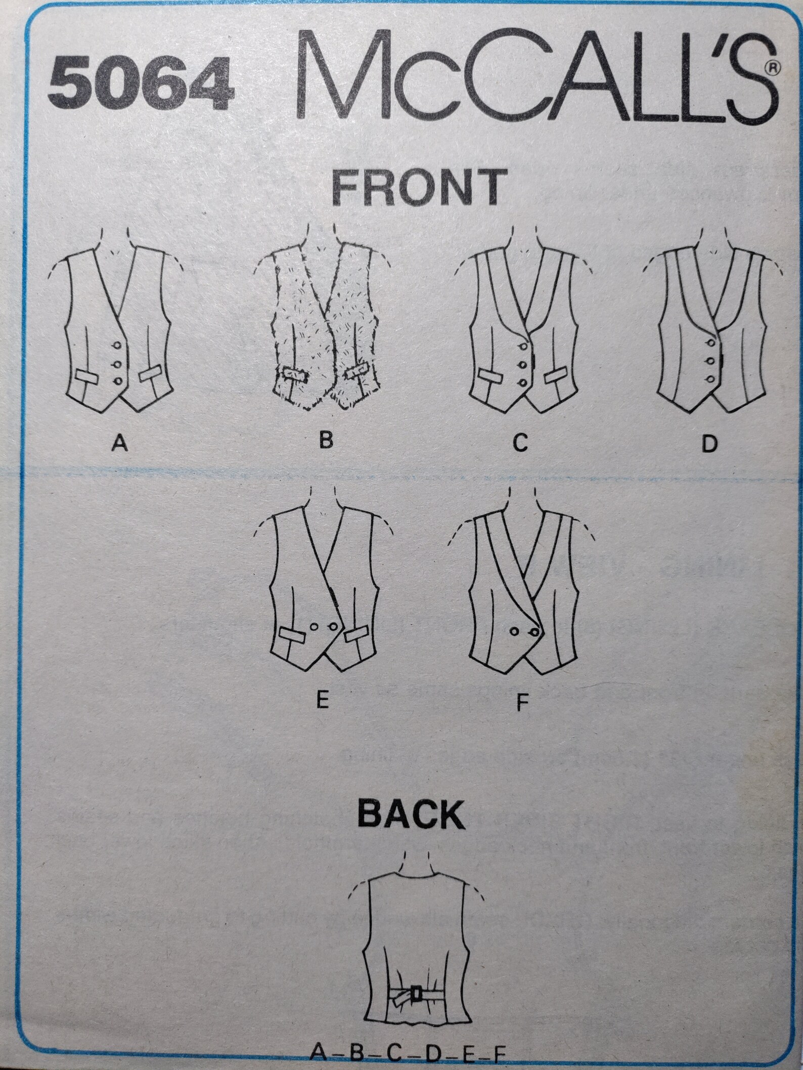 Mccall's 5064 Lined, Semi Fitted Vest, Single or Double Breasted, Pick Your Size, All Uncut and ...