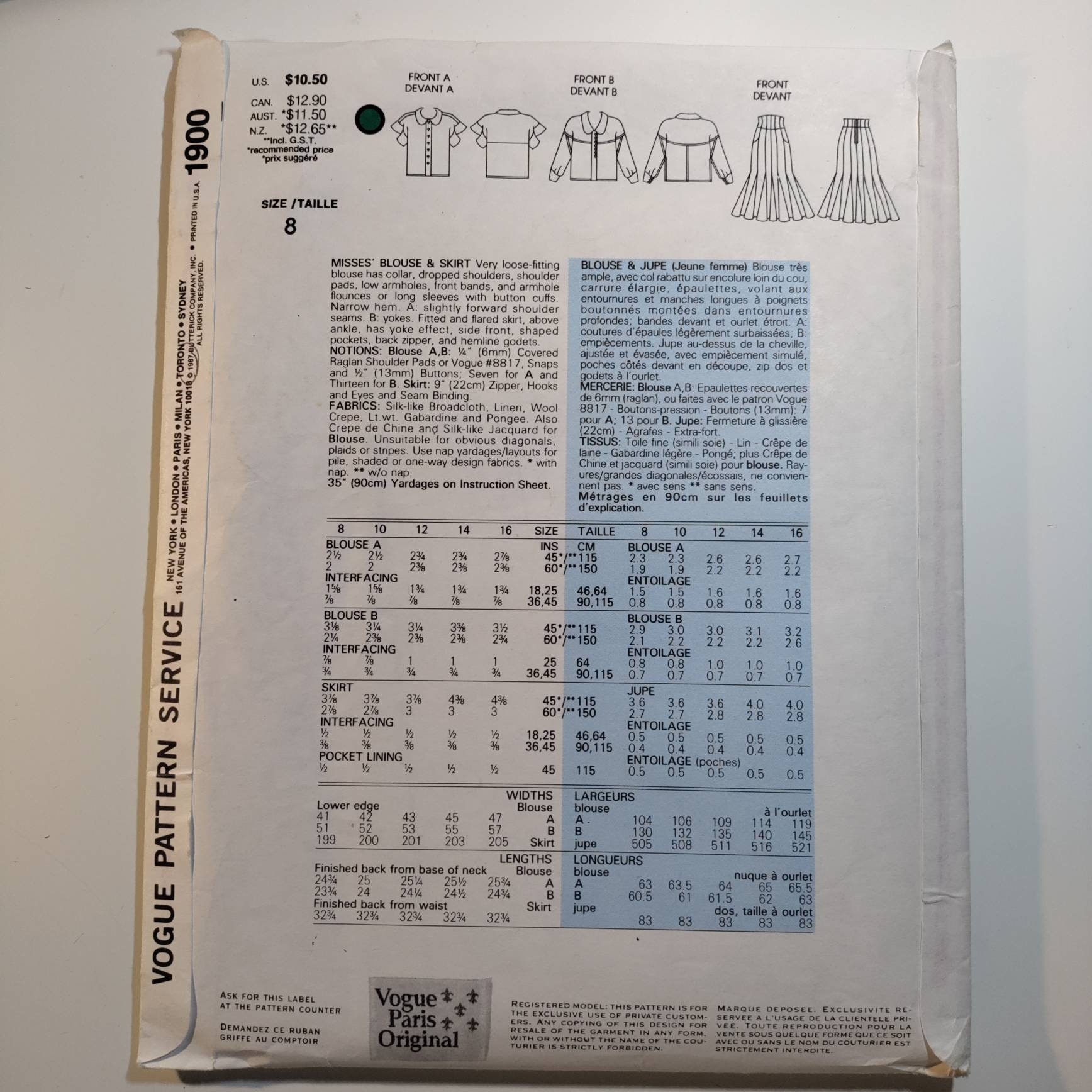 Vogue 1900 Karl Lagerfeld Vintage Blouses and Skirt Pattern, Size 8 ...