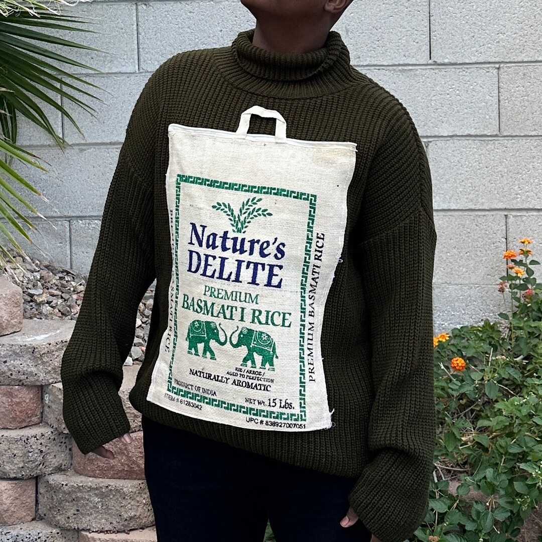 Upcycled Patchwork Rice Sack Oversized Turtleneck Knit Sweater Mens L ...