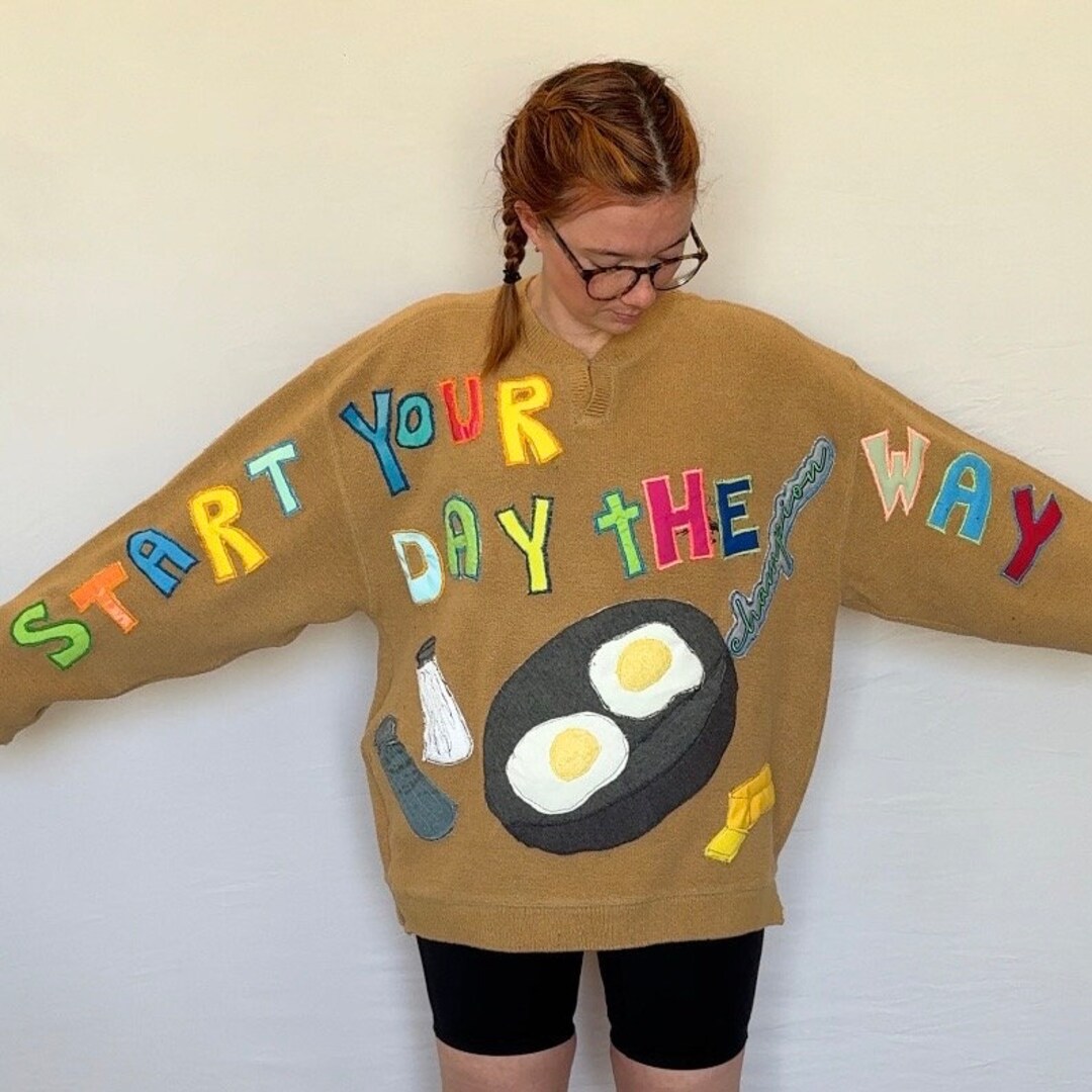 Upcycled Patchwork Eggs Breakfast Textured Toweling Sweatshirt XL - Etsy