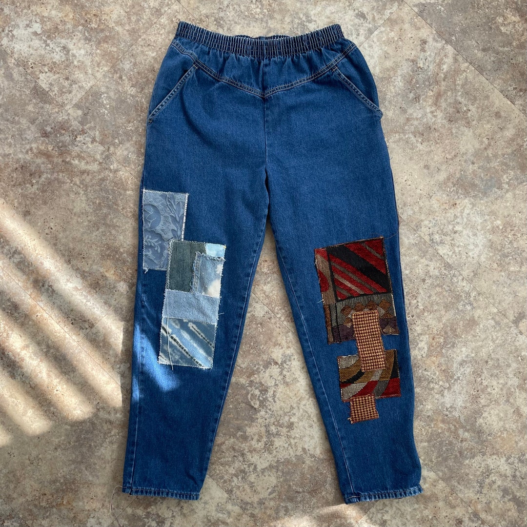 Patchwork Upcycled Boyfriend Jeans - Denim Joggers With Pockets ...