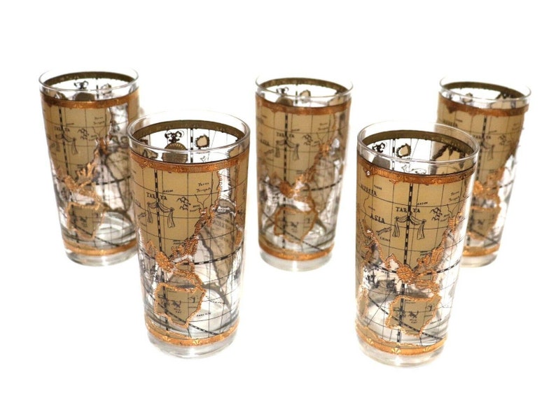 Cera 22K Gold Vintage Mid Century Modern World Maps Highball Glasses - Etsy