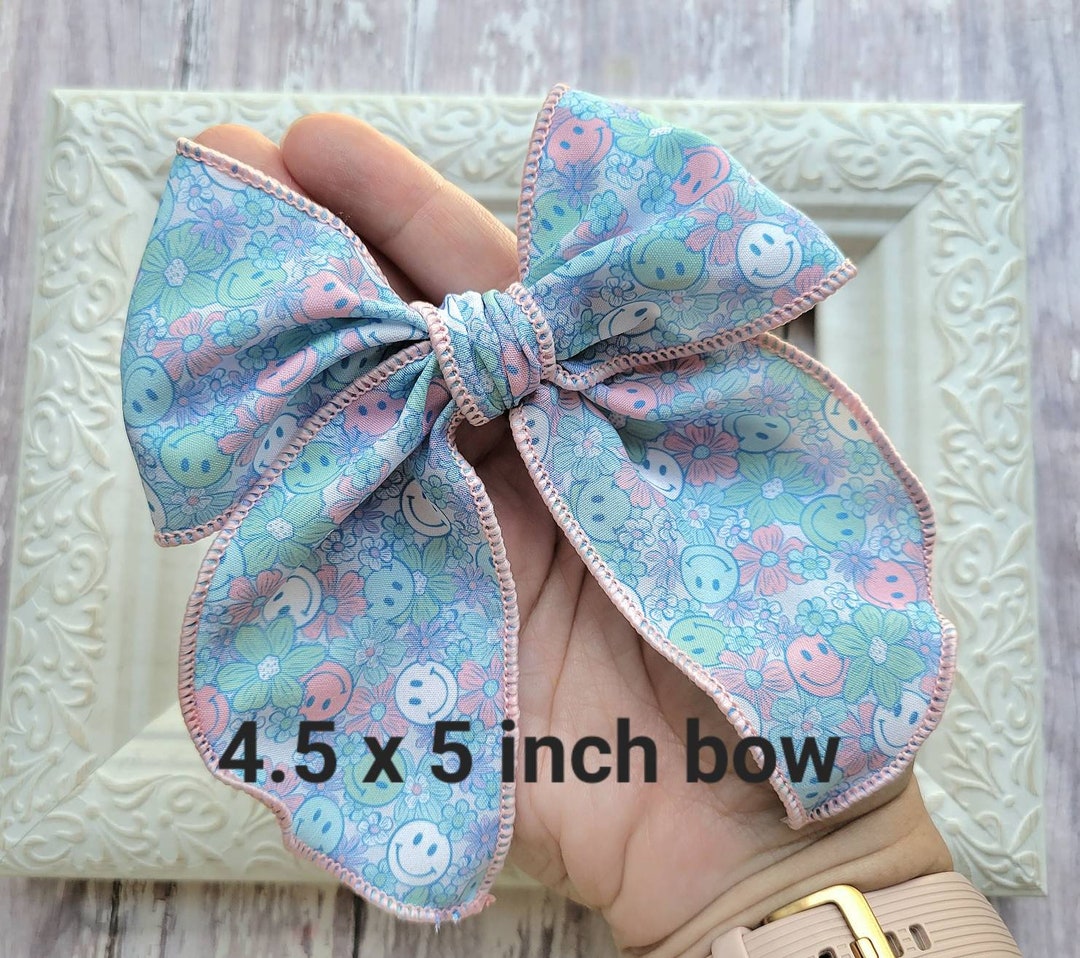 Blue Smiley Face Fabric Bow, Hand Tied Fabric Hairbow, Happy Face ...
