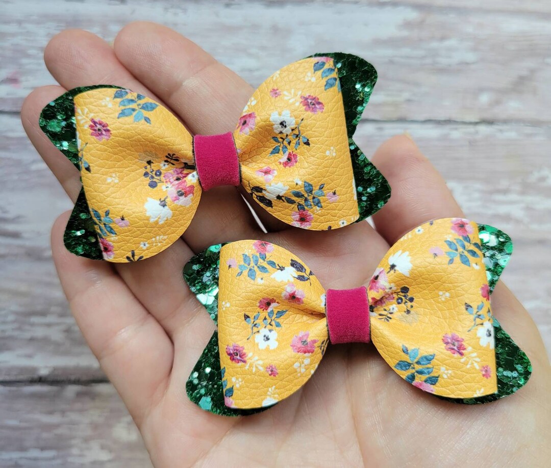 Mustard Pigtail Bows, Yellow Pigtail Bows, Pigtail Bow Set, Floral ...