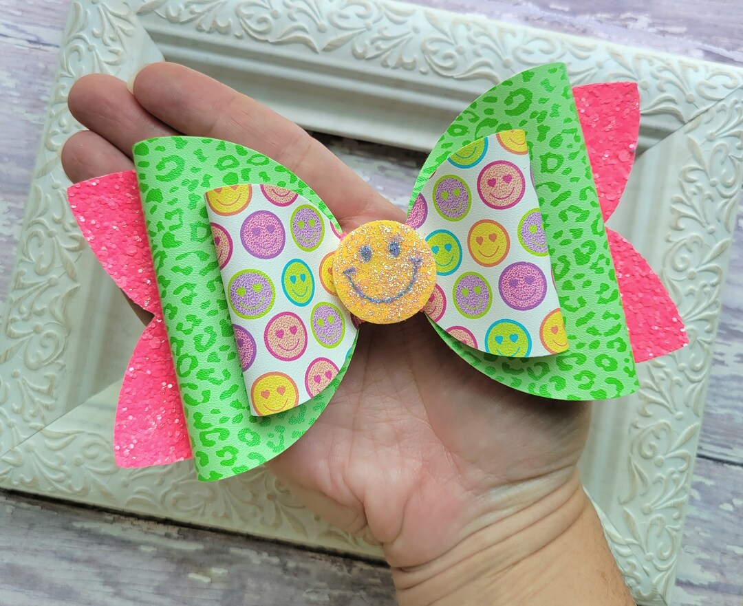 6 Inch Smiley Face Hairbow, Bright Pink and Green Bow, Happy Face Hair ...