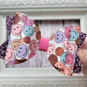 4 Inch Smiley Face Faux Leather Hair Bow, Pink and Purple Hairbow ...