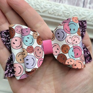 4 Inch Smiley Face Faux Leather Hair Bow, Pink and Purple Hairbow ...