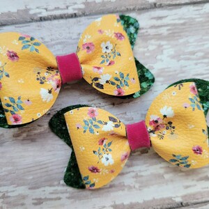 Mustard Pigtail Bows, Yellow Pigtail Bows, Pigtail Bow Set, Floral ...