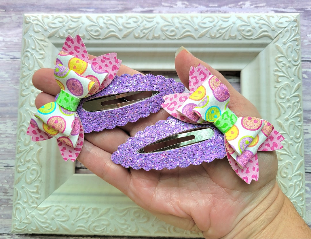 Smiley Face Snap Clip Set, 3 Inch Clips With Bows for Girls, Girls Hair ...