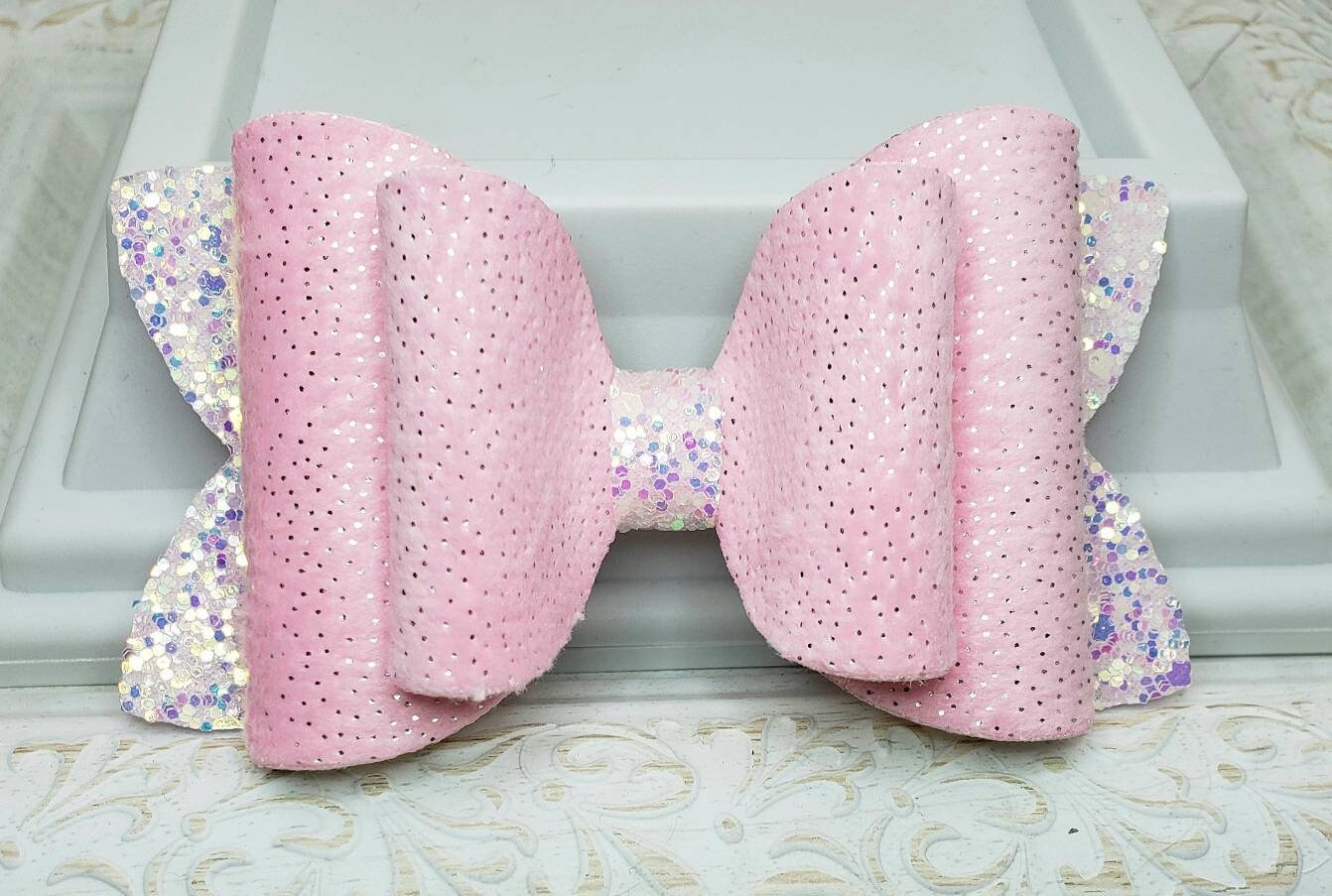 4 Inch Pink Fur and Glitter Hairbow, Pink Fur Hairbow, Fuzzy Hairbow ...