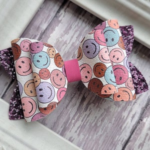 4 Inch Smiley Face Faux Leather Hair Bow, Pink and Purple Hairbow ...