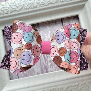 4 Inch Smiley Face Faux Leather Hair Bow, Pink and Purple Hairbow ...
