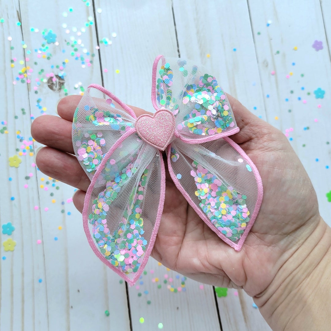 Pastel Shaker Bow, Small Confetti Shaker Hairbow With Pink Heart ...