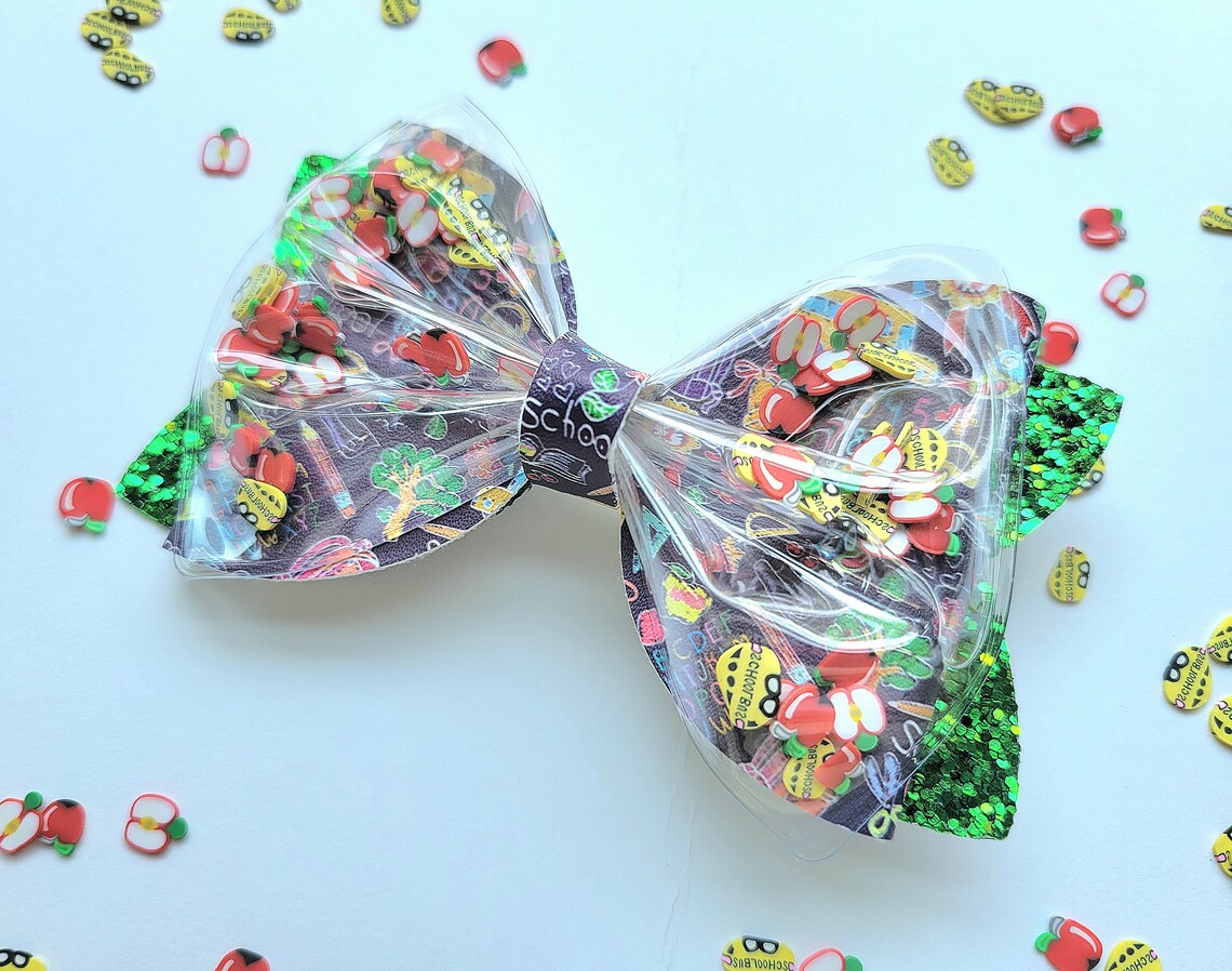 4 Inch Back to School Shaker Hairbow, School Bus and Apple Hair Bow ...