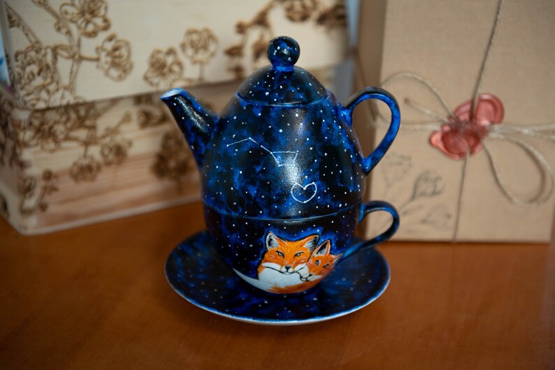 Fox tea for one set cup saucer teapot cozy galaxy painted | Etsy
