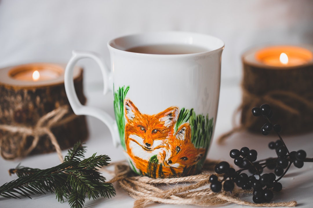 Taza de café de zorro lindo animal, taza personalizada arte cerámico ...