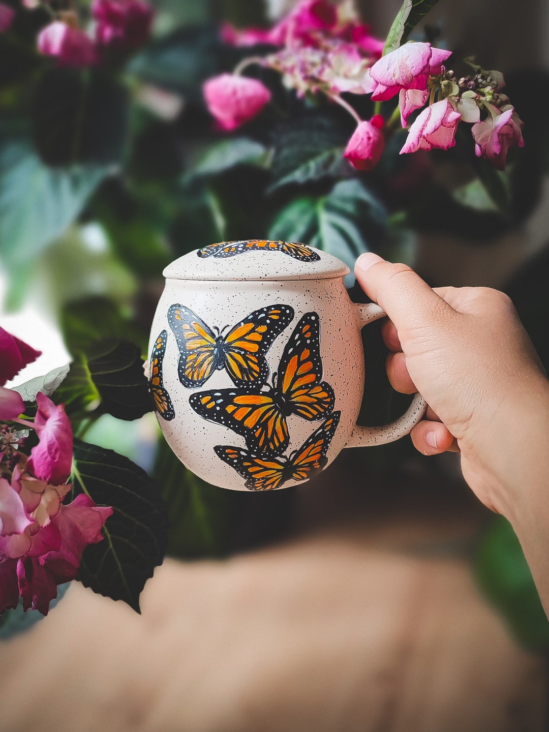 Monarch Butterfly Mug With Lid Infuser: Hand-painted Tea Coffee Mug - Etsy