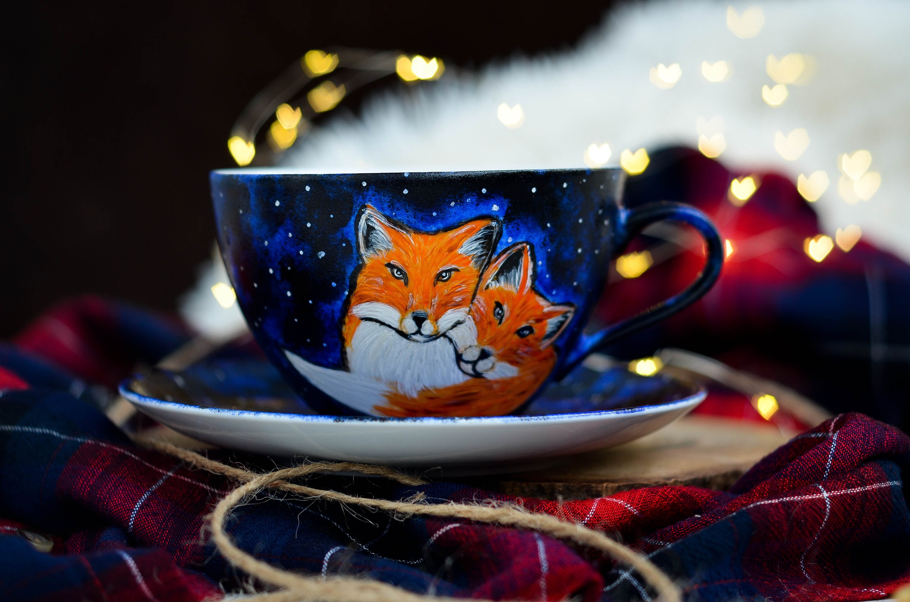Fox tea for one set cup saucer teapot cozy galaxy painted | Etsy