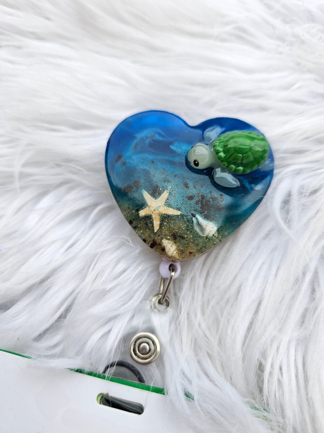 Resin Ocean Badge Reel, Sea Turtle Heart ID Holder, Beach Theme ...