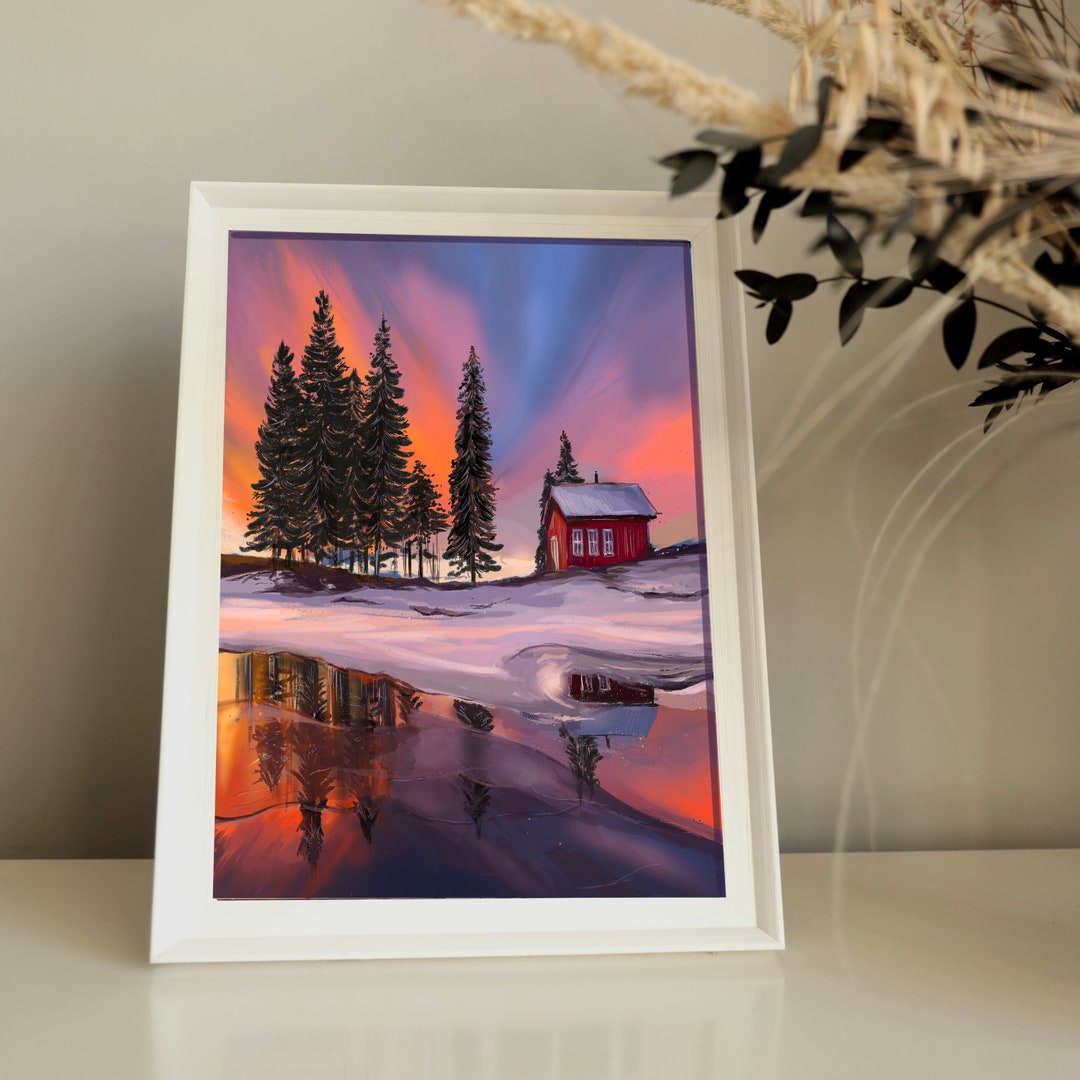 Winter Scene Art Print, Northern Lights Art Print, Northern Lights ...