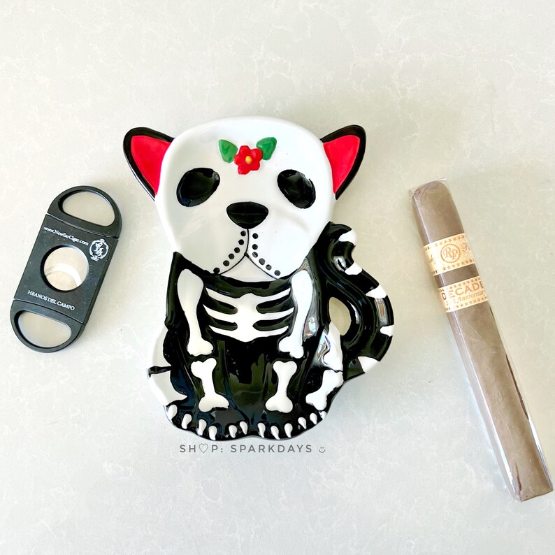 Skeleton Frenchie Sugar Skull Dog Trinket Plate Hand Painted Ceramic ...