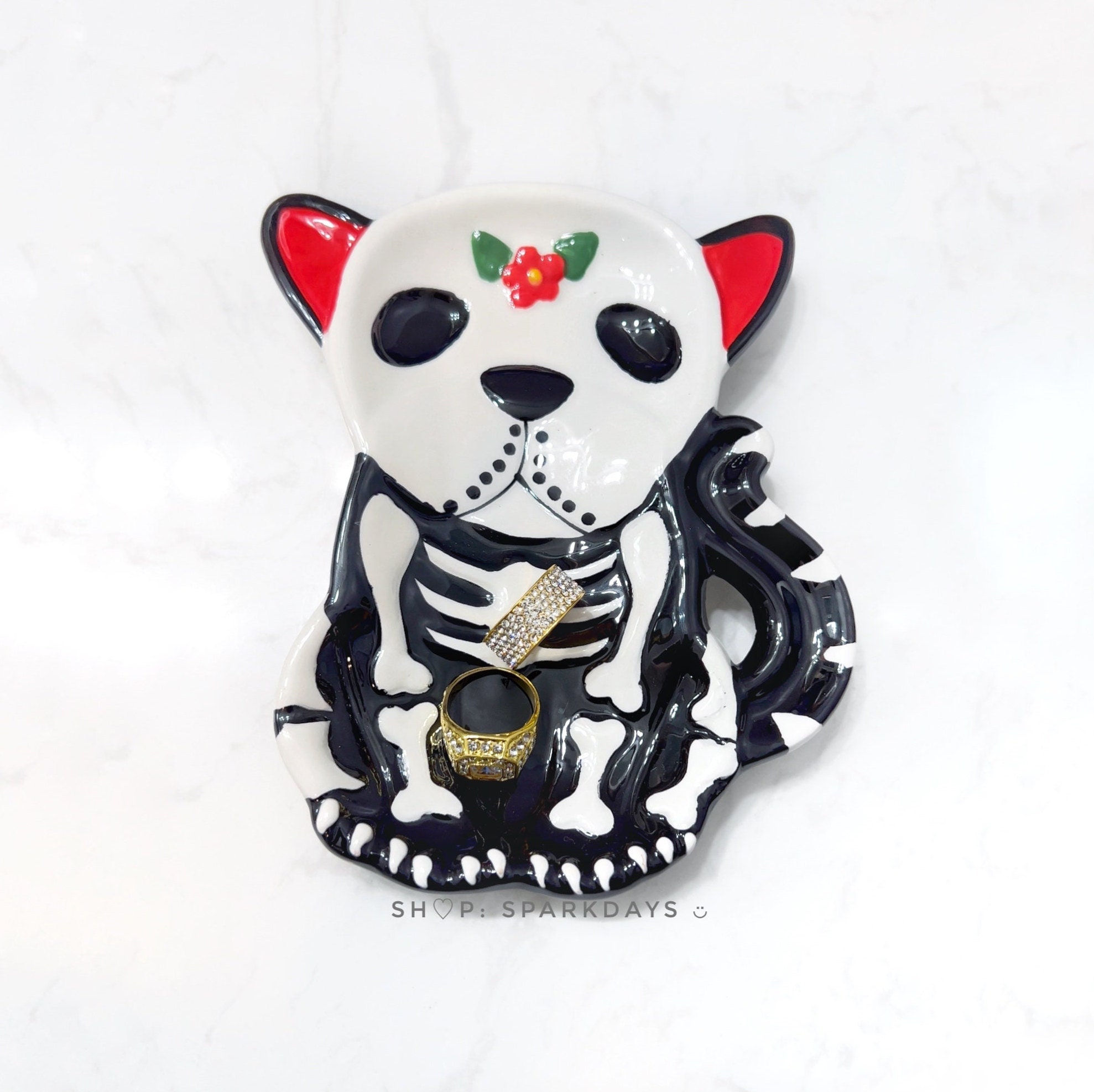 Skeleton Frenchie Sugar Skull Dog Trinket Plate Hand Painted Ceramic ...