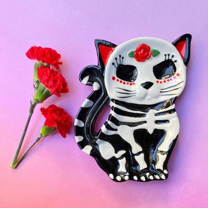 Sugar Skull Kitten Skeleton Cat Trinket Plate Day of the Dead Hand ...